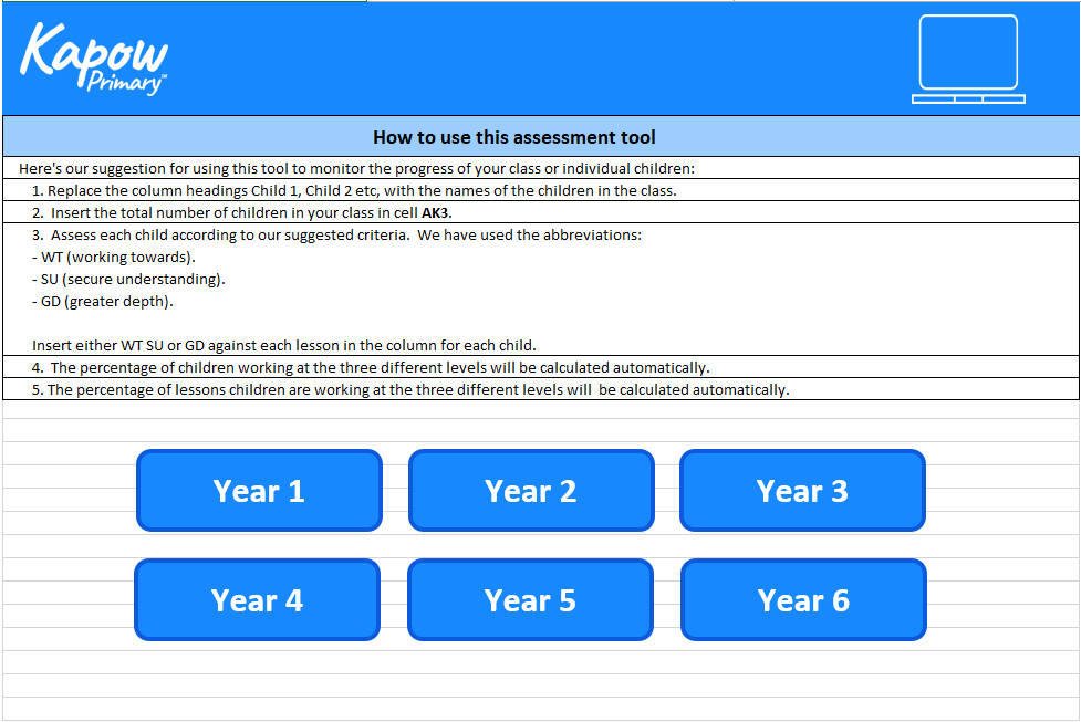 Computing: Assessment spreadsheet for KS1 and KS2 - Kapow Primary
