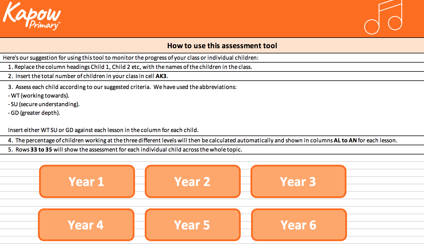 Music Assessment spreadsheet for KS1 and KS2 - Kapow Primary