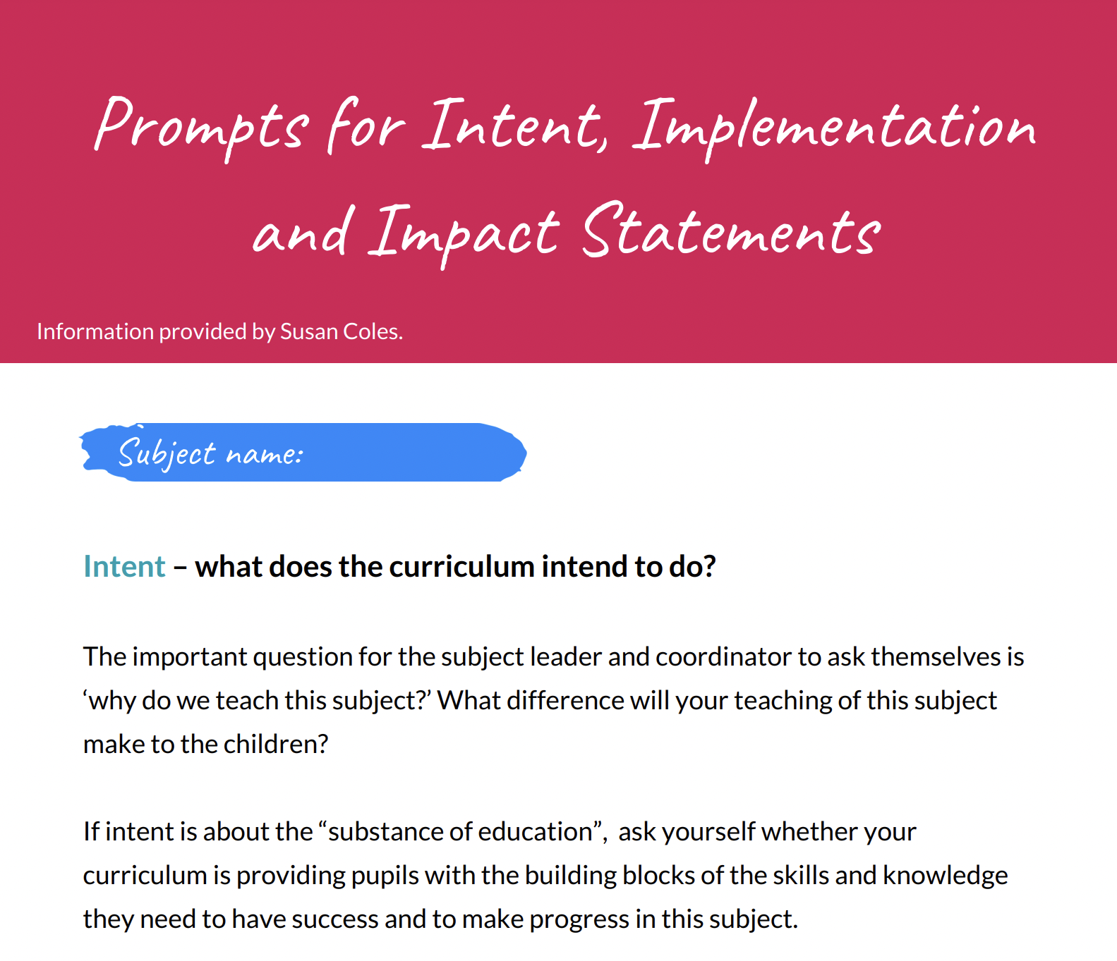 Prompts for intent, implementation and impact statements - Kapow Primary