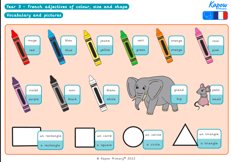 Knowledge organiser Y3 French Colour Size Shape - Kapow Primary