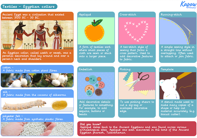 Knowledge organiser: DT - Y3 Egyptian collars - Kapow Primary